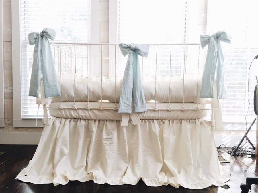 Ivory and Mist Ruffled Crib Bedding Set and Large Crib Bows | High ...